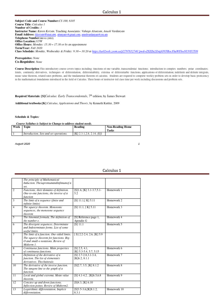 Calculus 1 Syllabus Fall 2020 | Download Free PDF | Function (Mathematics) | Derivative