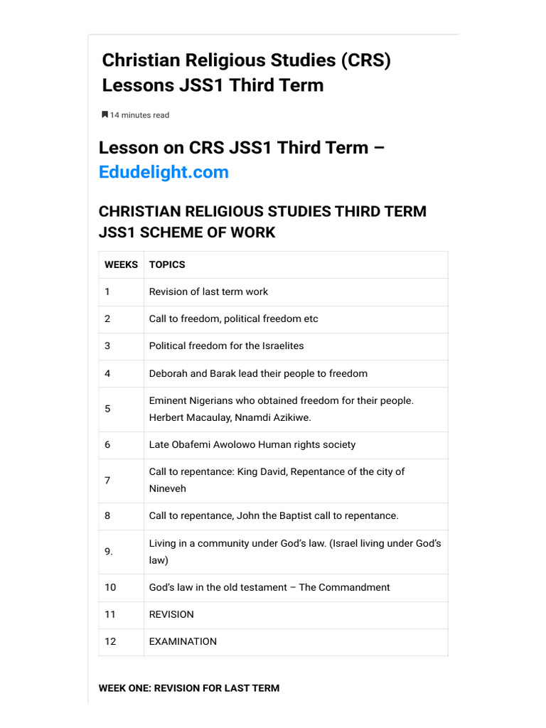 Christian Religious Studies (CRS) Lessons JSS1 Third Term - Edud | PDF ...