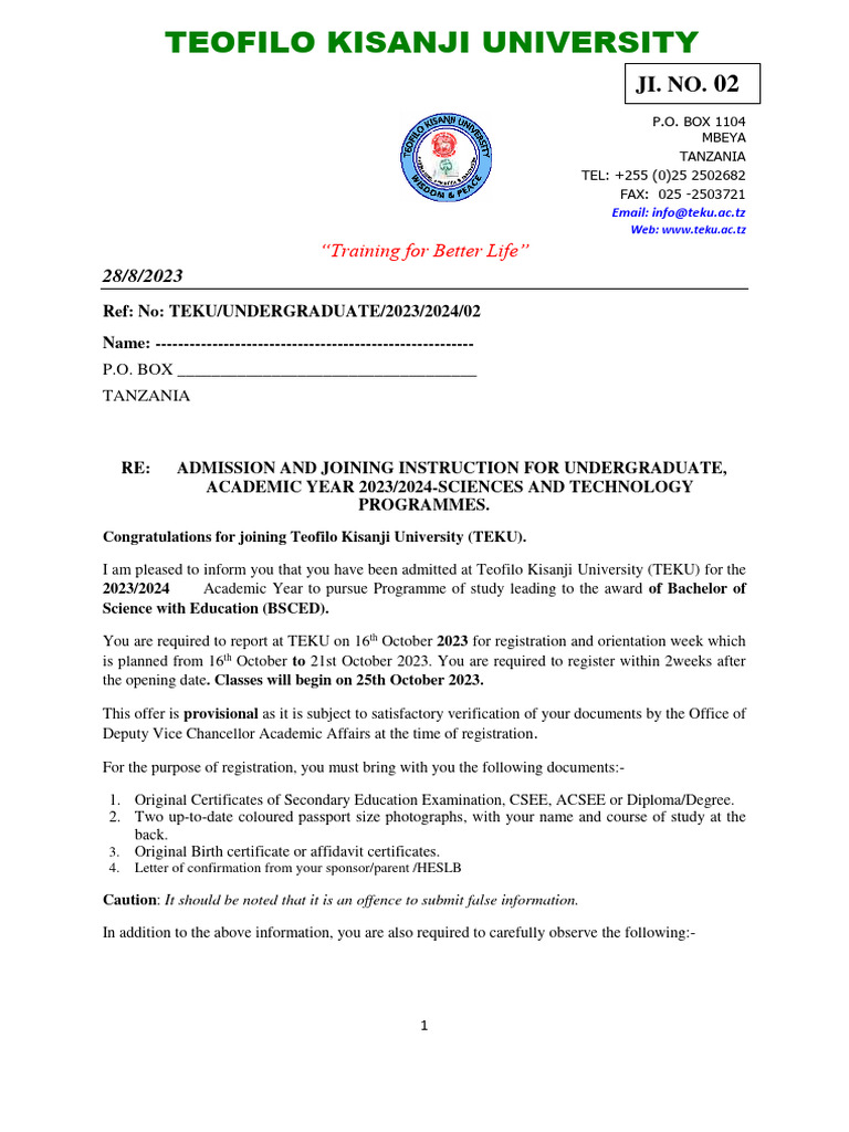 TEKU Admission and Fee Structure 2023/24 | PDF | Fee