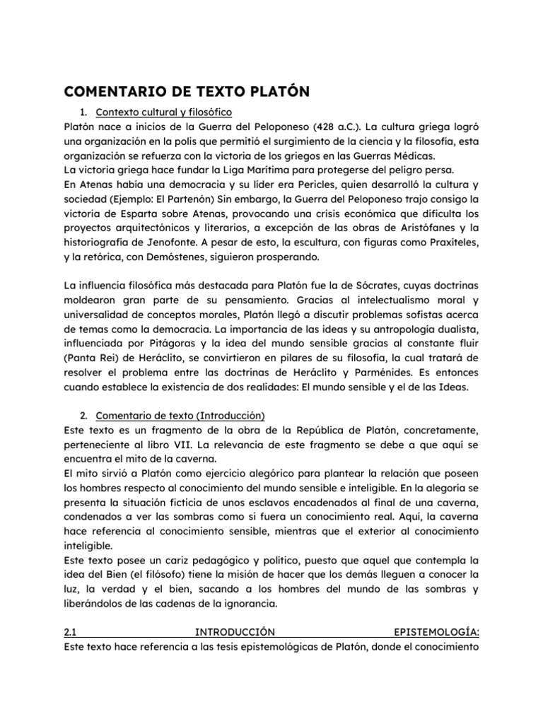 Comentario de Texto Platón | PDF | Platón | Conocimiento