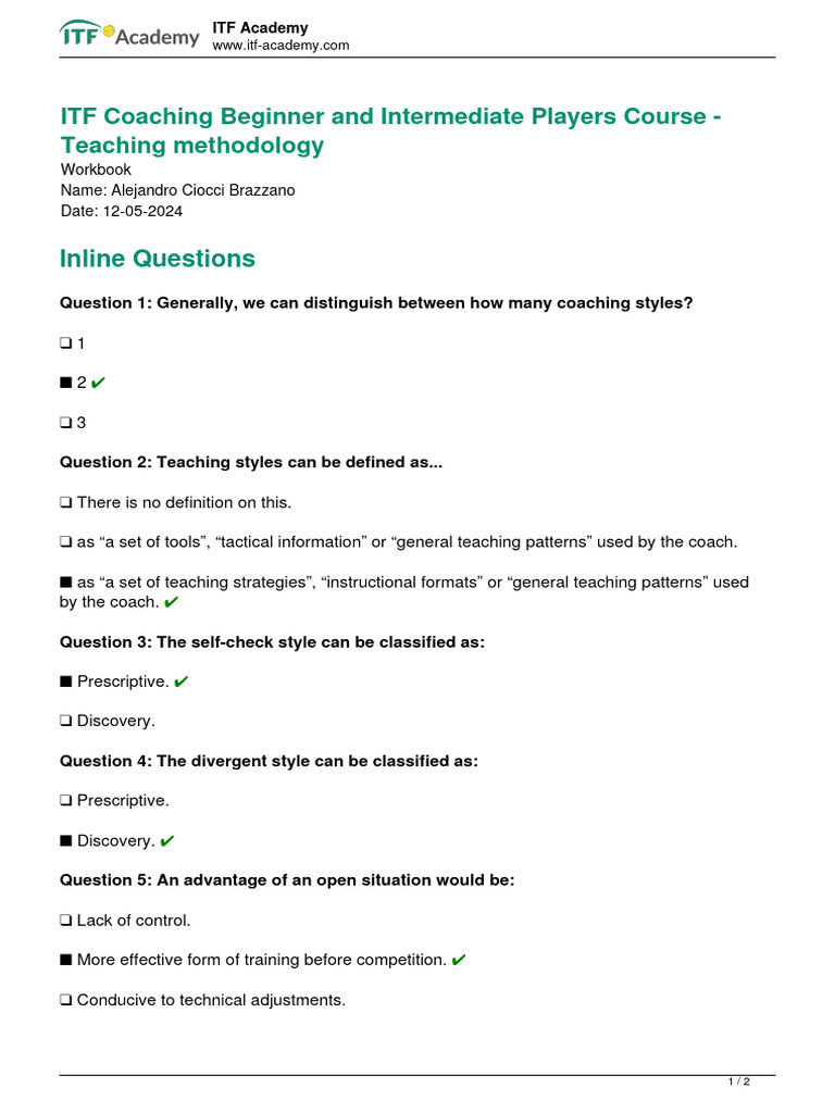 Workbook ITF Coaching Beginner and Intermediate Players Course - Teaching Methodology | PDF