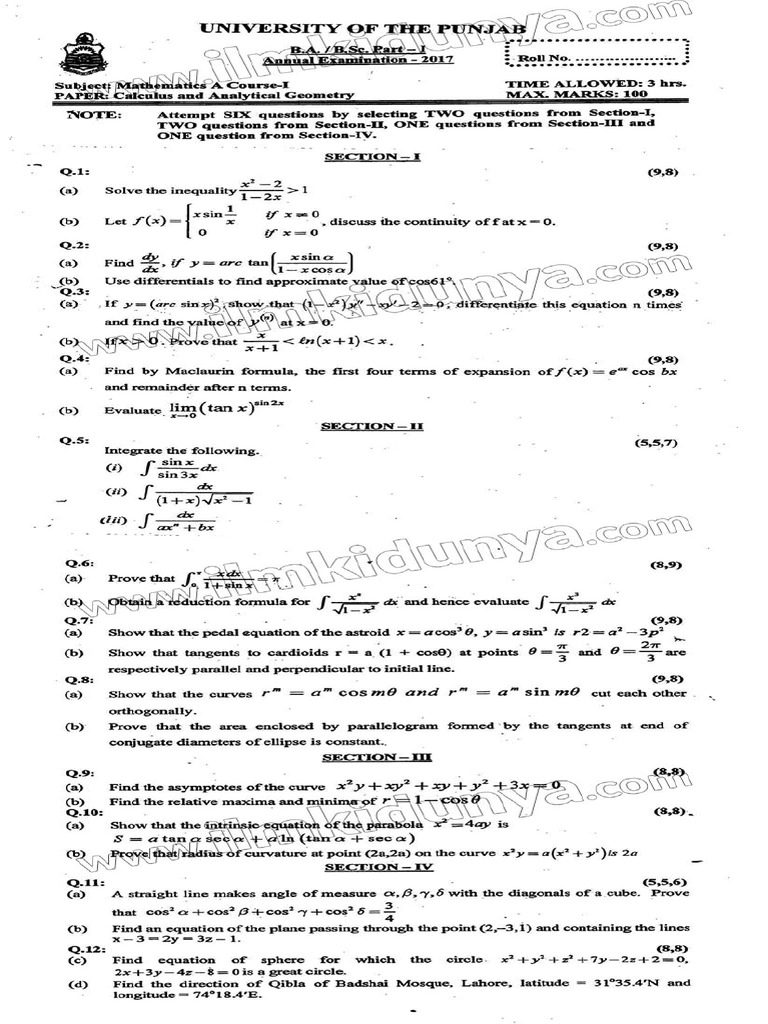 Past Paper BA BSC Part 1 Punjab University Mathematics A Course Subjective 2017 | PDF