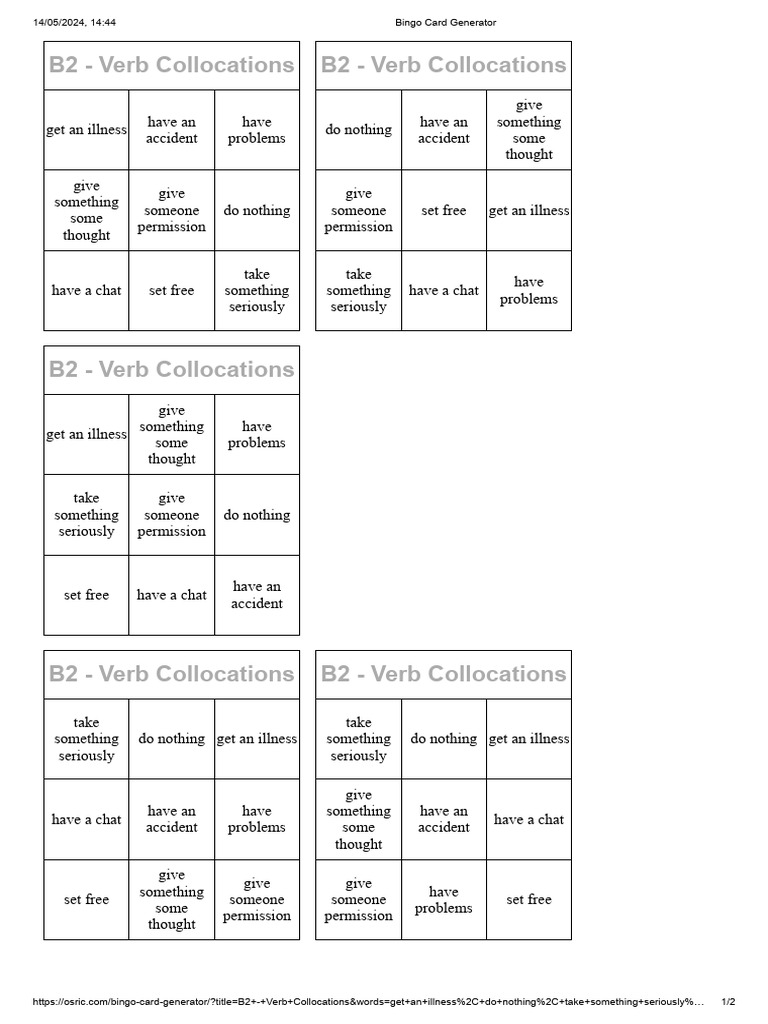 Bingo Verb Collocations 2 | PDF | Linguistic Typology | Semantic Units