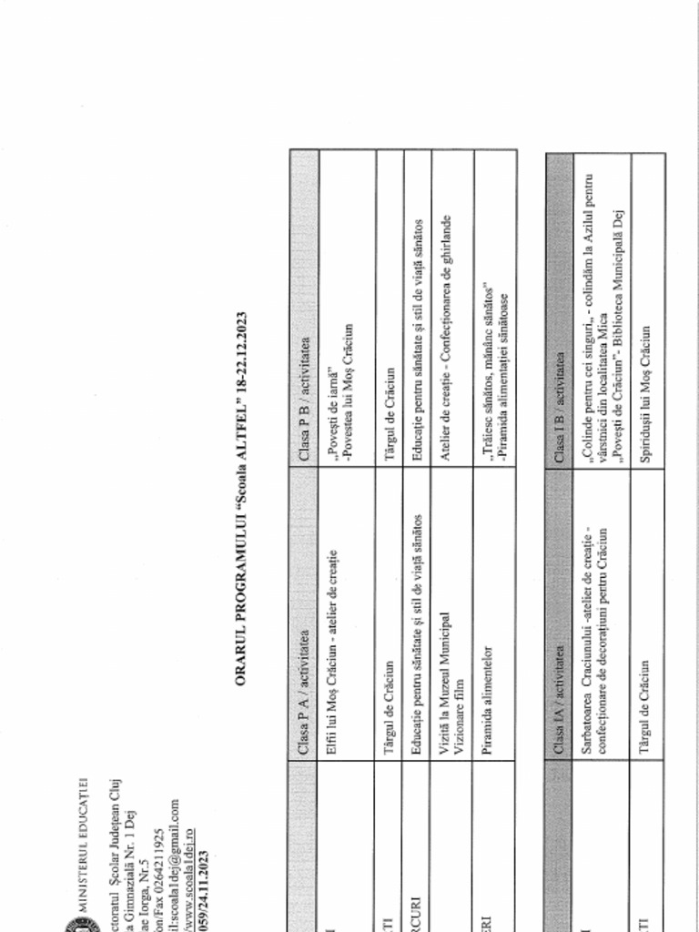 Orar Si Program SA - Scoala Gimnaziala Nr.1 Dej - 2023-2024 | PDF