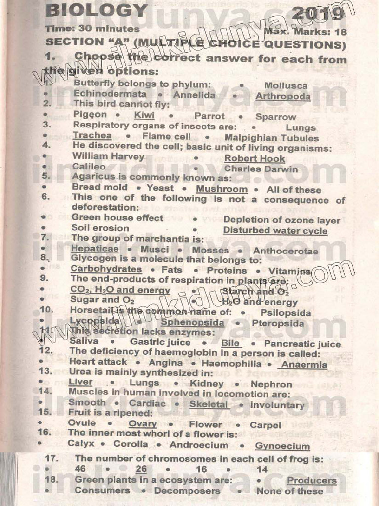 Past Papers 2019 Karachi Board 9th Class Biology Objective English ...