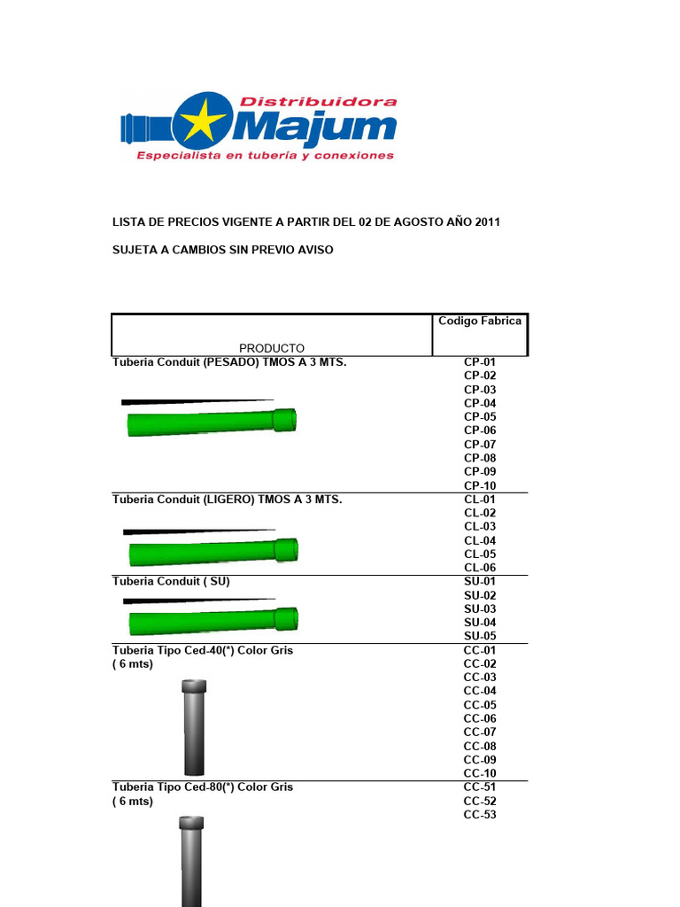 07 d Lista de Precios Pvc Conduit 02 de Agosto 11 | PDF | Equipo ...