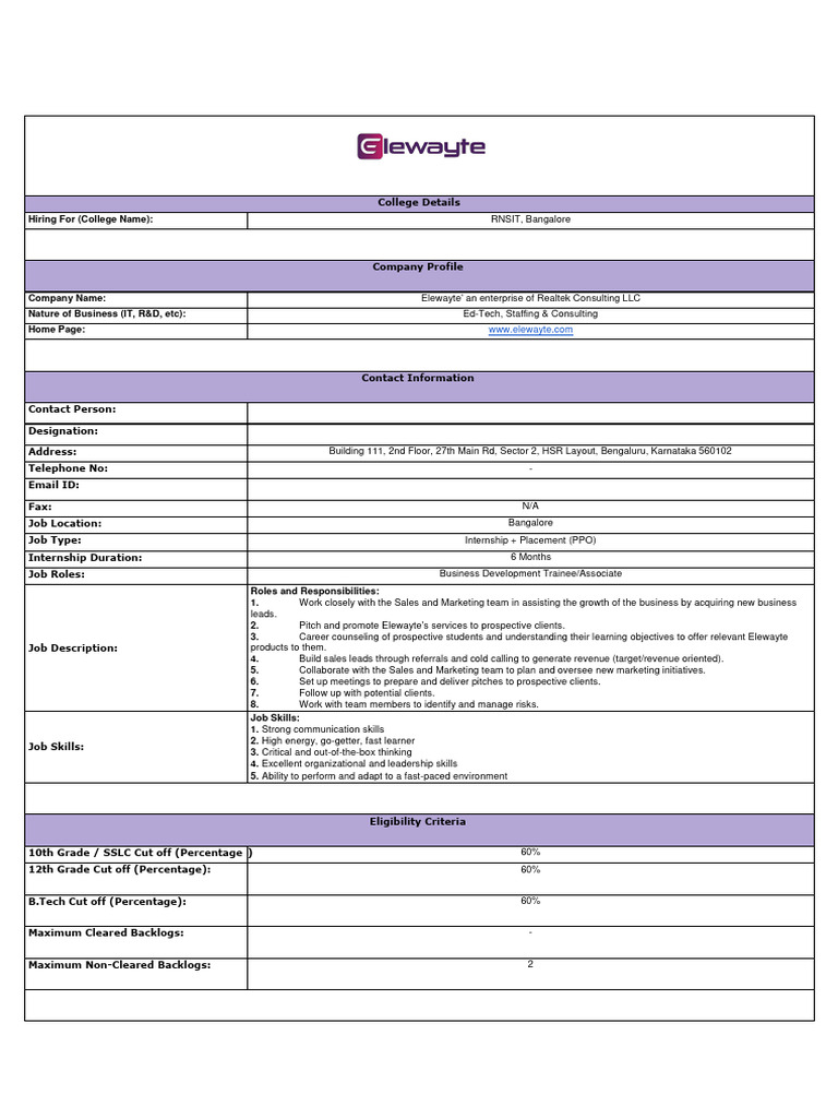 Campus Hiring - JD Format - RNSIT Campus Hiring - JD Format | PDF | Recruitment | Business
