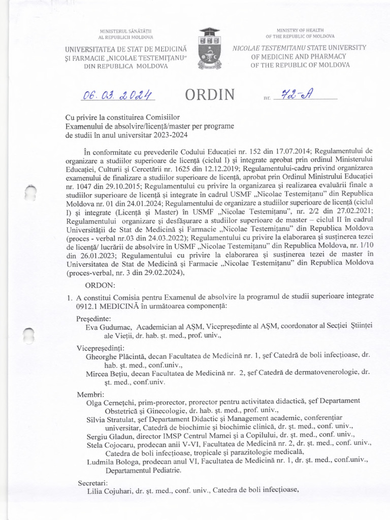 Ordin 72-A Din 06.03.2024 Comisii Examen de Absolvire 2024 | PDF