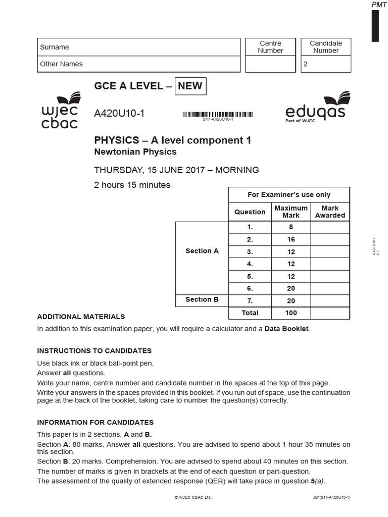 June 2017 QP - Component 1 WJEC Physics A-Level | PDF | Gases | Temperature