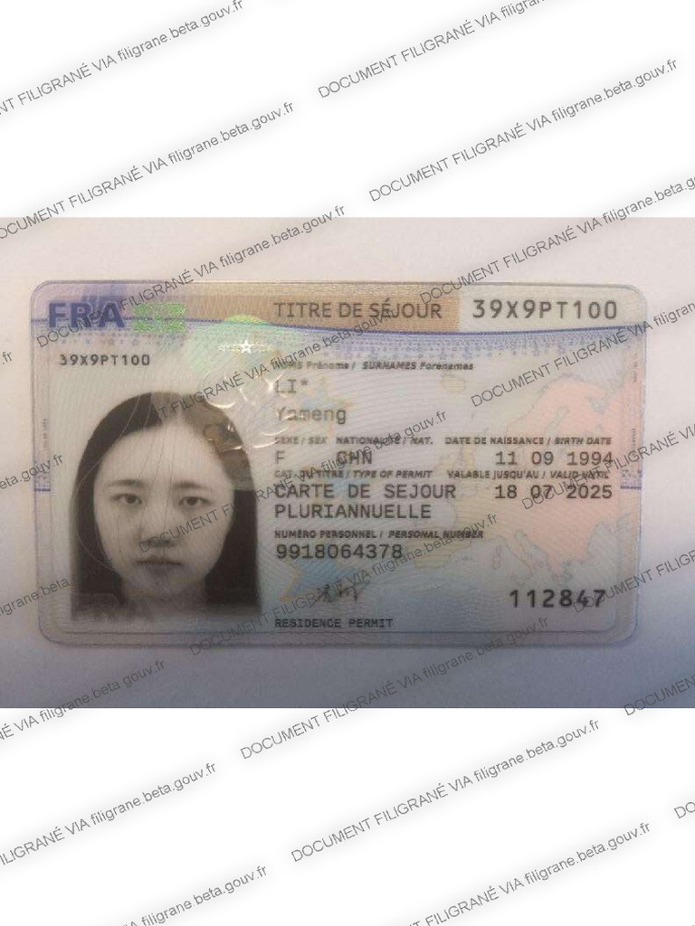 Titre de Séjour Yameng Li - Filigrane | PDF