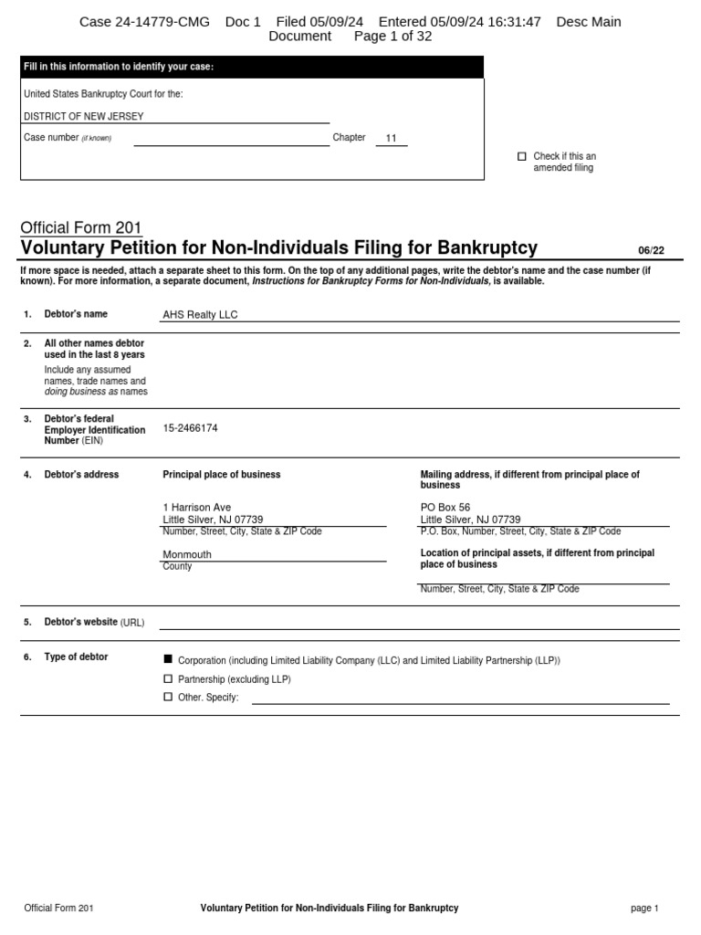 AHS Realty LLC Bankruptcy Petition | PDF | Chapter 11 | Bankruptcy