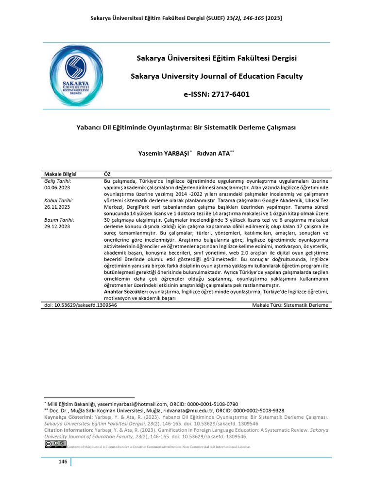 Sakarya Üniversitesi Eğitim Fakültesi Dergisi Sakarya University ...
