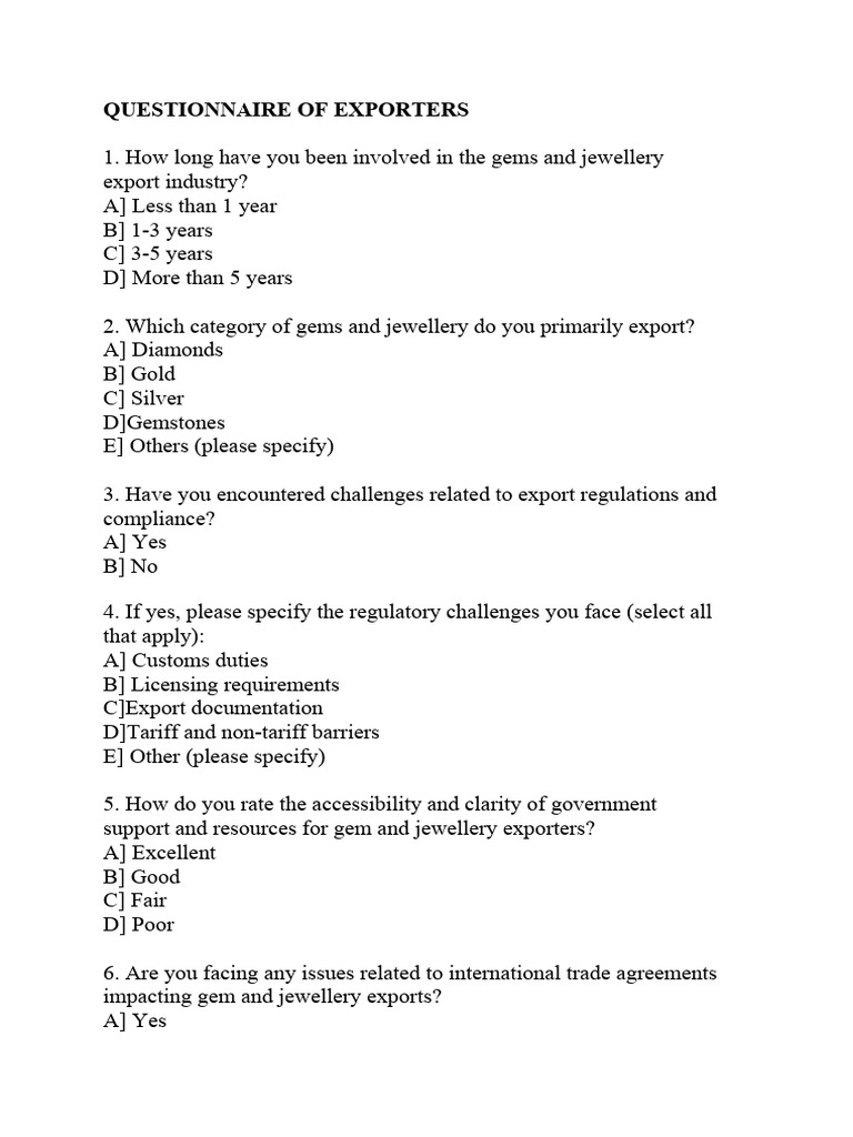 Questionnaire of Exporters | PDF | Exports | Non Tariff Barriers To Trade