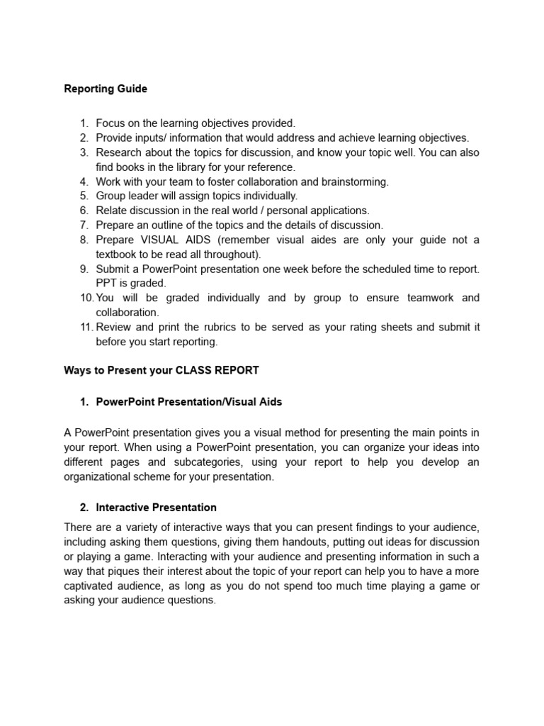 CLASS REPORTING Guidelines and Rubrics 1 | Download Free PDF ...