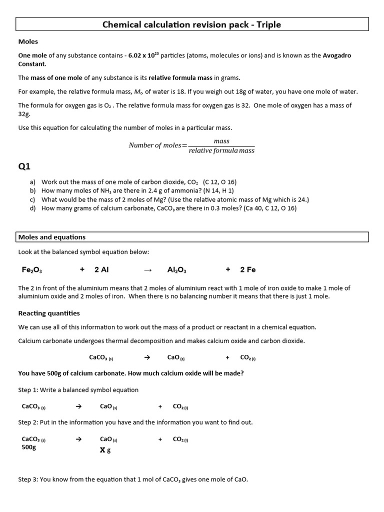 Chemistry Triple Calculation Revision Pack | PDF | Mole (Unit ...