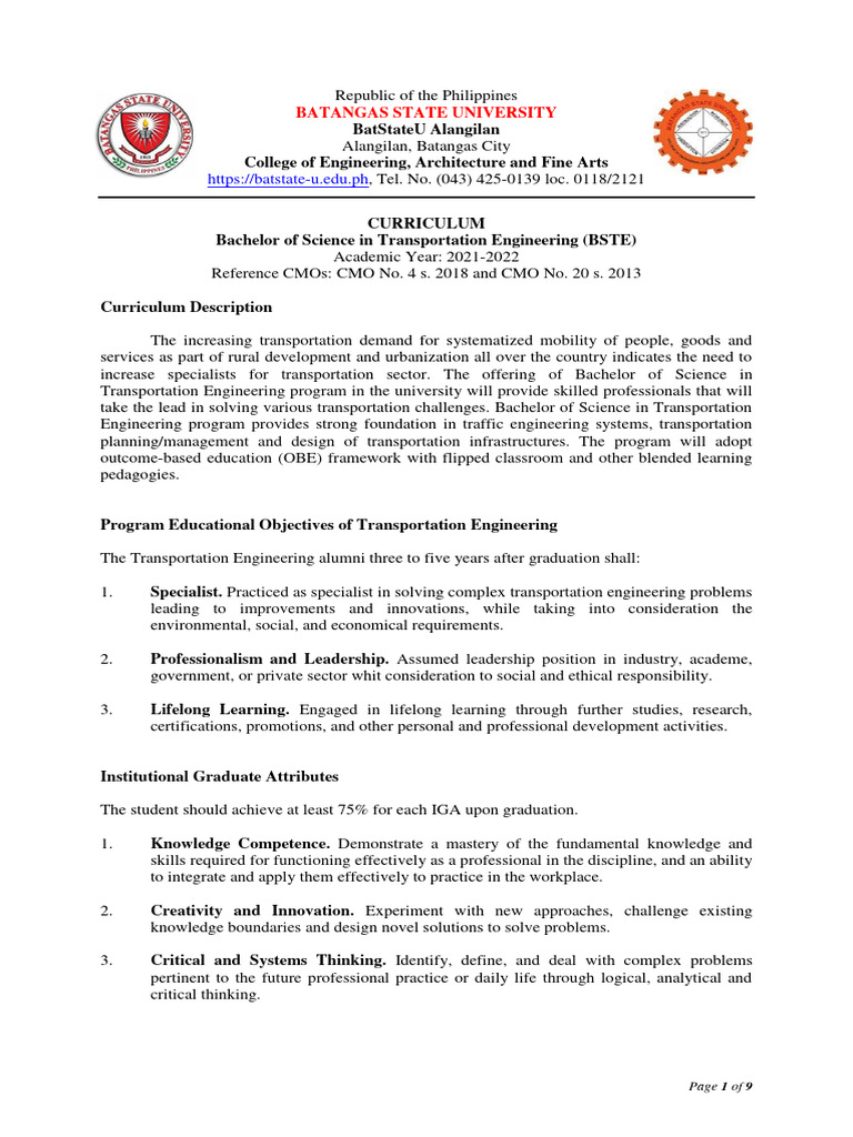 Bachelor of Science in Transportation Engineering Curriculum | PDF ...