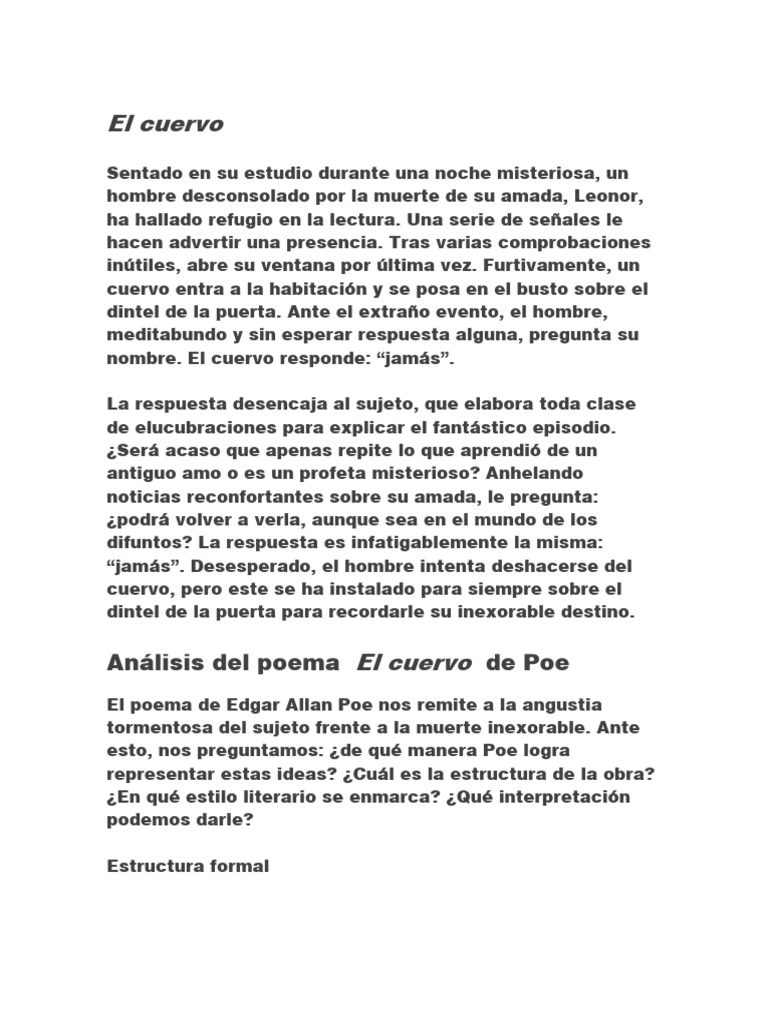 El Cuervo Resumen y Prueba | Descargar gratis PDF | El Cuervo | Edgar Allan Poe