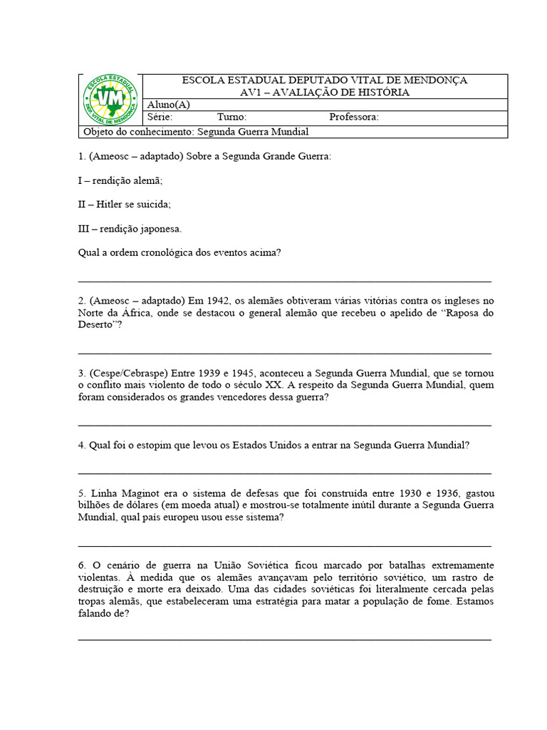 Atividade Subjetiva Segunda Guerra | PDF | Alemanha nazista | Segunda Guerra Mundial