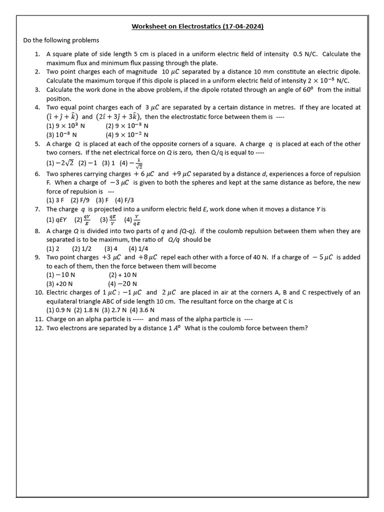 Worksheet On Electrostatics (17-04-2024) | PDF | Electric Field | Force