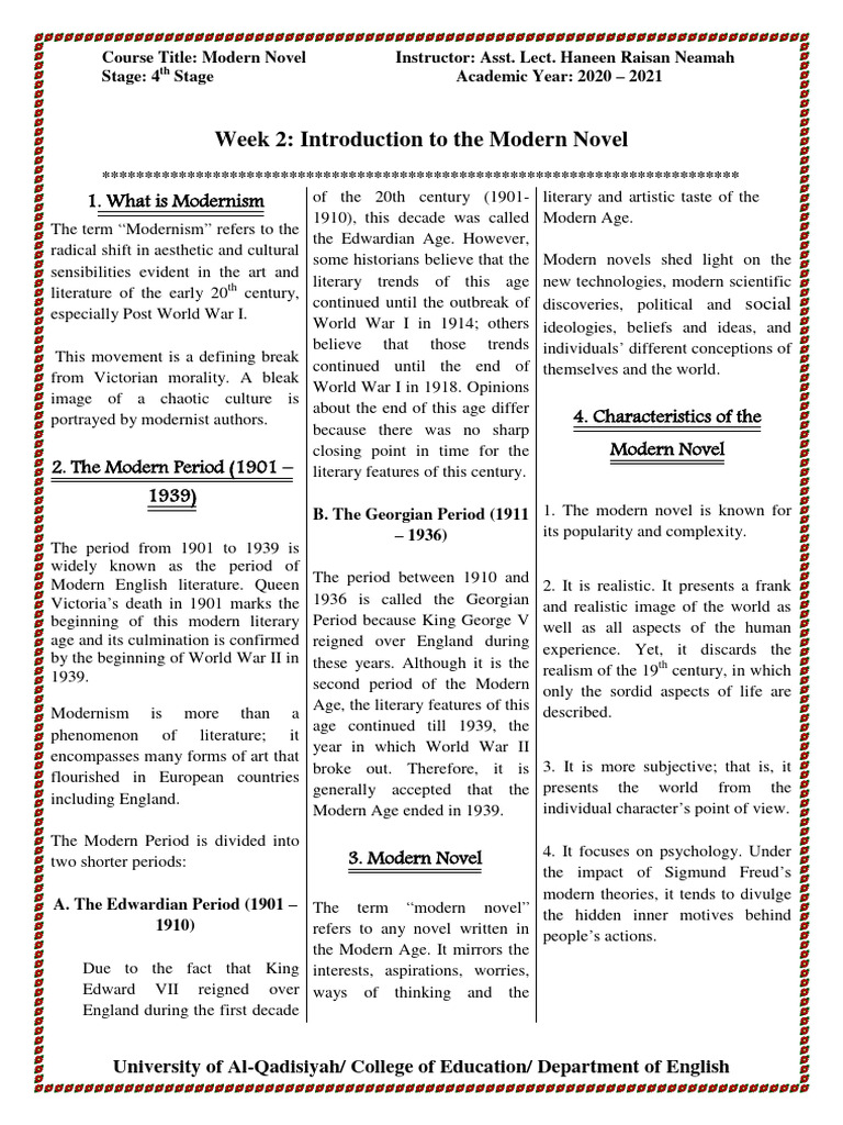 Week 2 - Introduction To The Modern Novel | PDF | Modernism | Novels