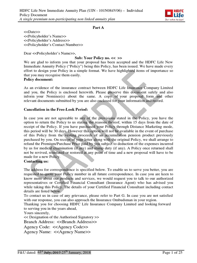 HDFC Life Immediate Annuity Policy Details | PDF | Insurance | Taxes