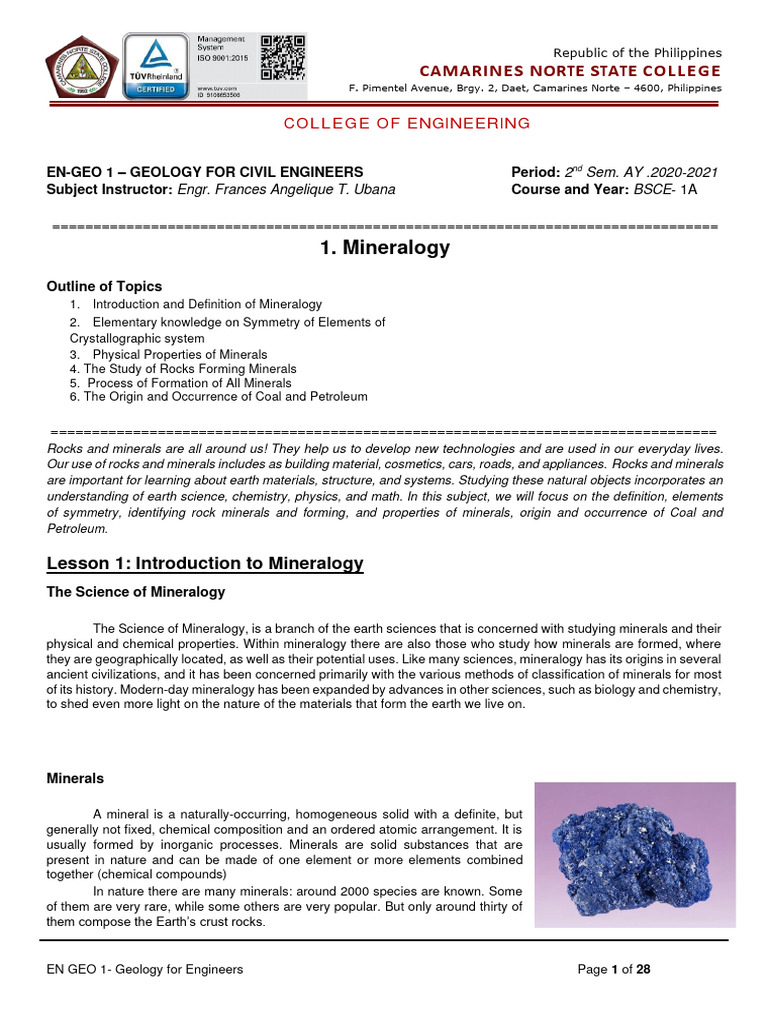 LM1 Mineralogy | Download Free PDF | Minerals | Crystal Structure