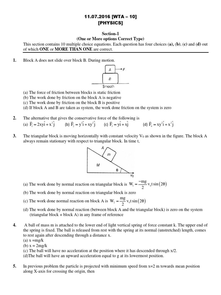 11.07.16 [WTA -10] [PHYSICS] | PDF | Force | Acceleration