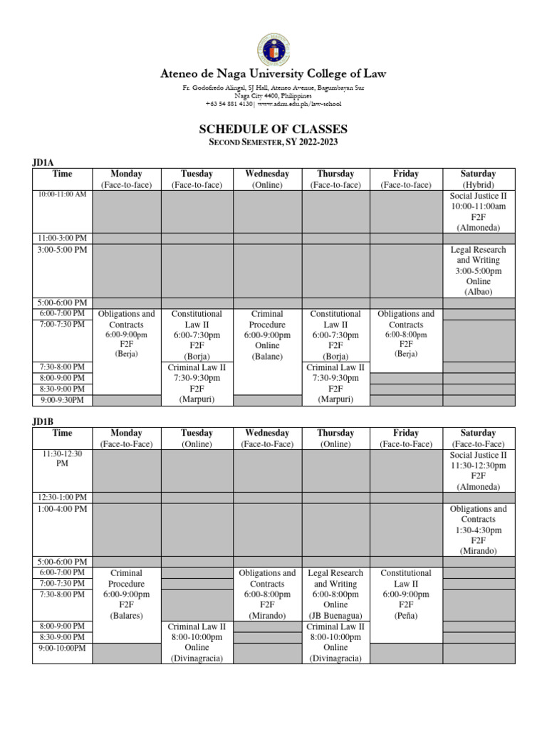 Ateneo de Naga Law Class Schedule 2022-23 | PDF | Common Law | Public ...