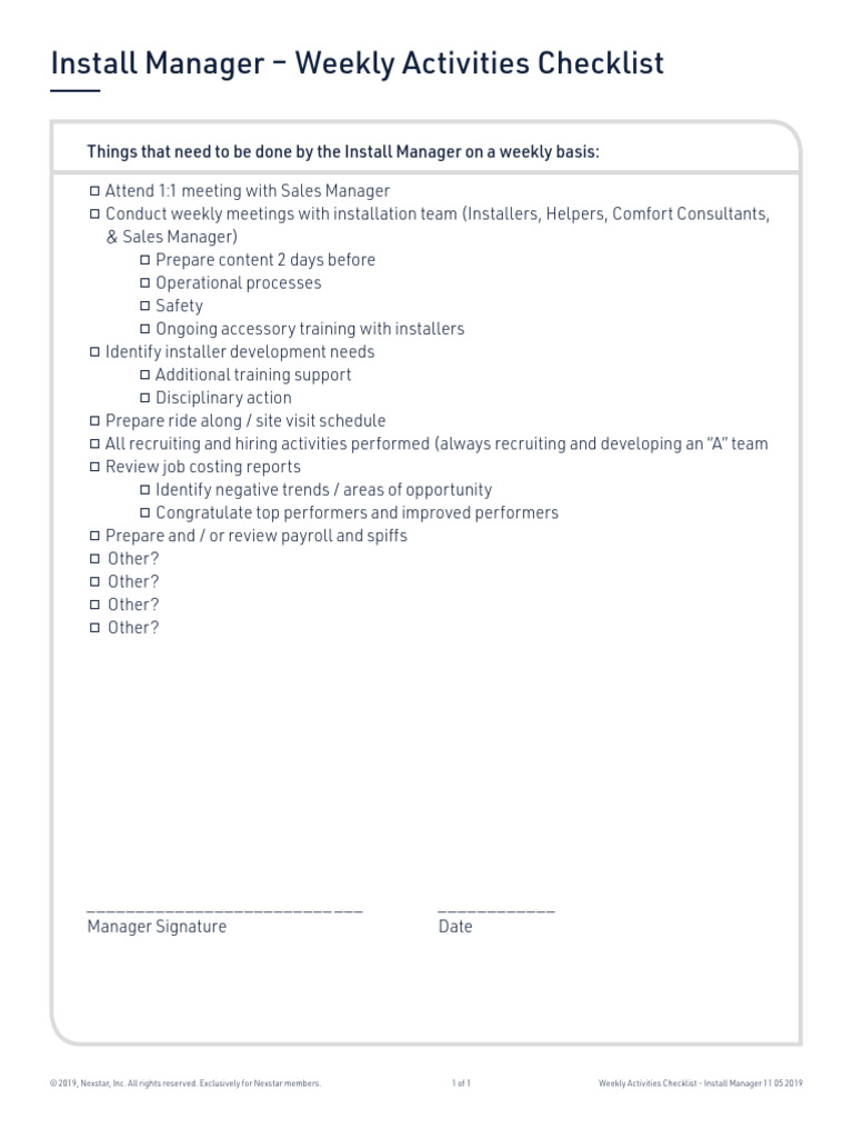 Install Manager Weekly Activities Checklist | PDF