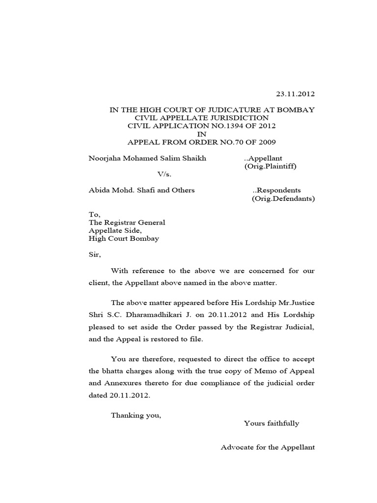 Application For Adjournment - Dindoshi Court | PDF | Appeal | Courts