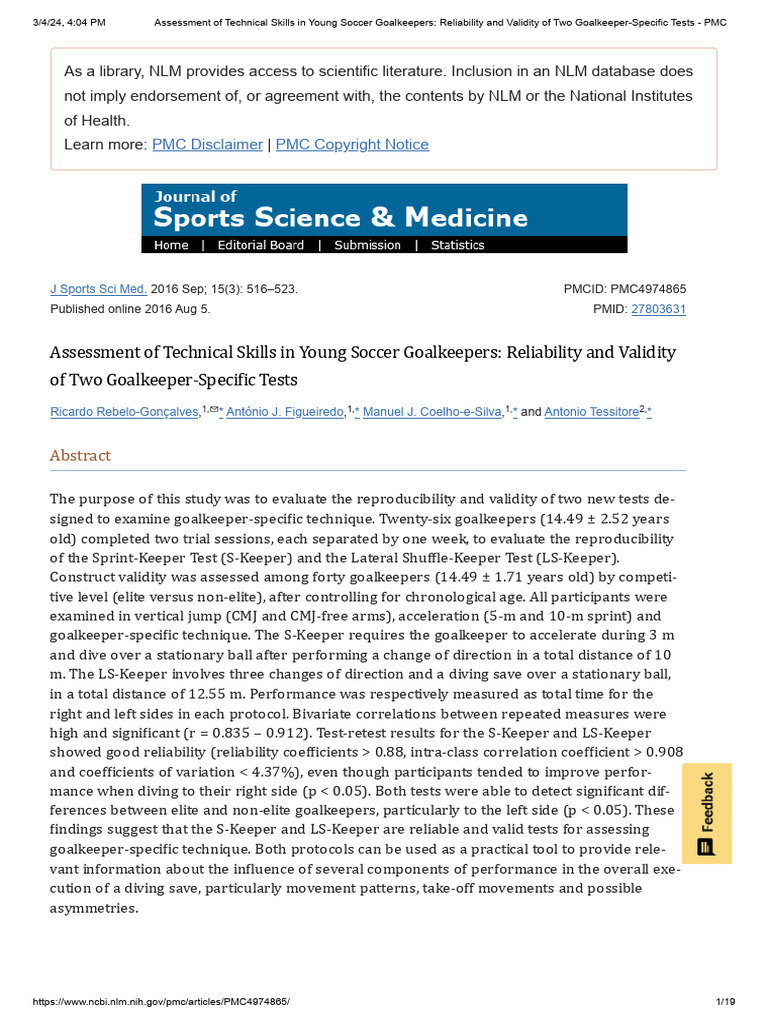 Assessment of Technical Skills in Young Soccer Goalkeepers - Reliability and Validity of Two ...