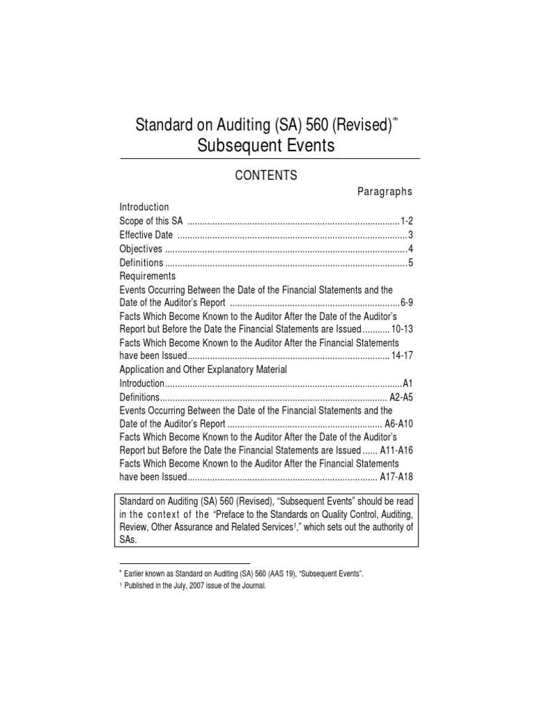 Subsequent Events: Standard On Auditing (SA) 560 (Revised) | PDF ...