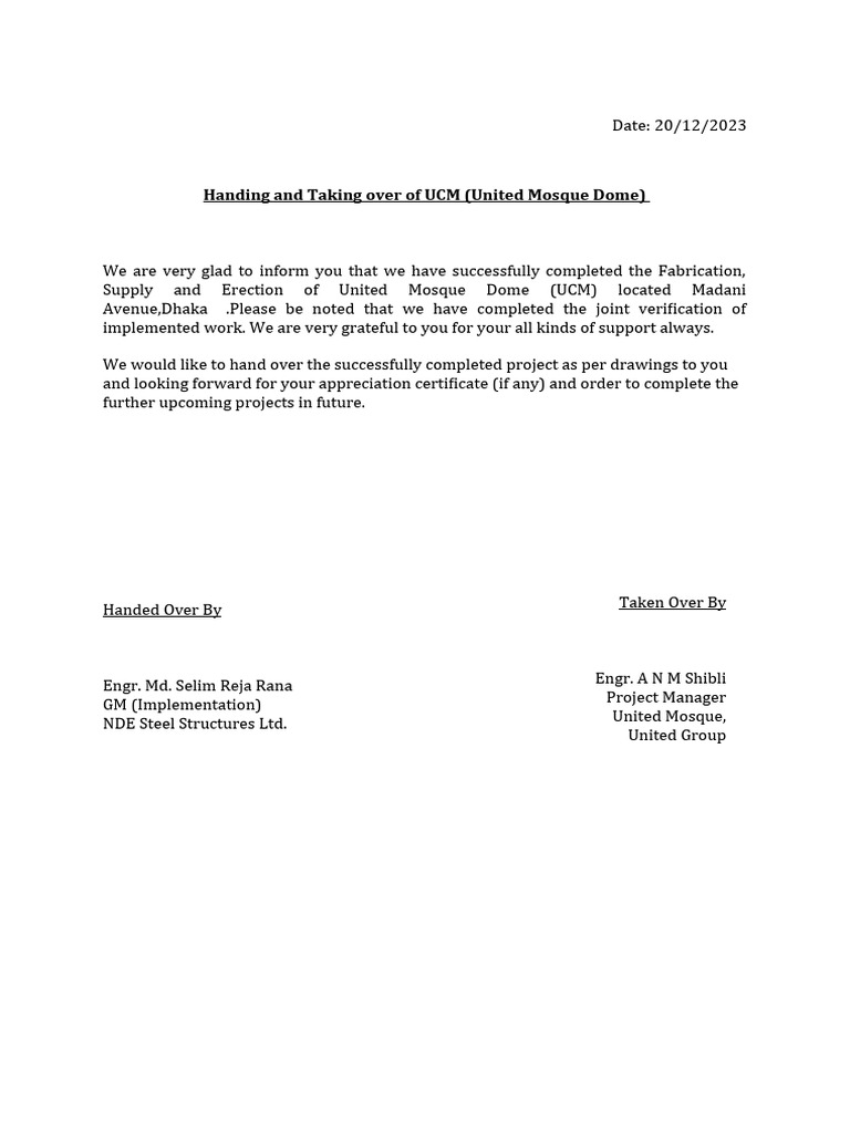 Handover Letter For UCM | PDF