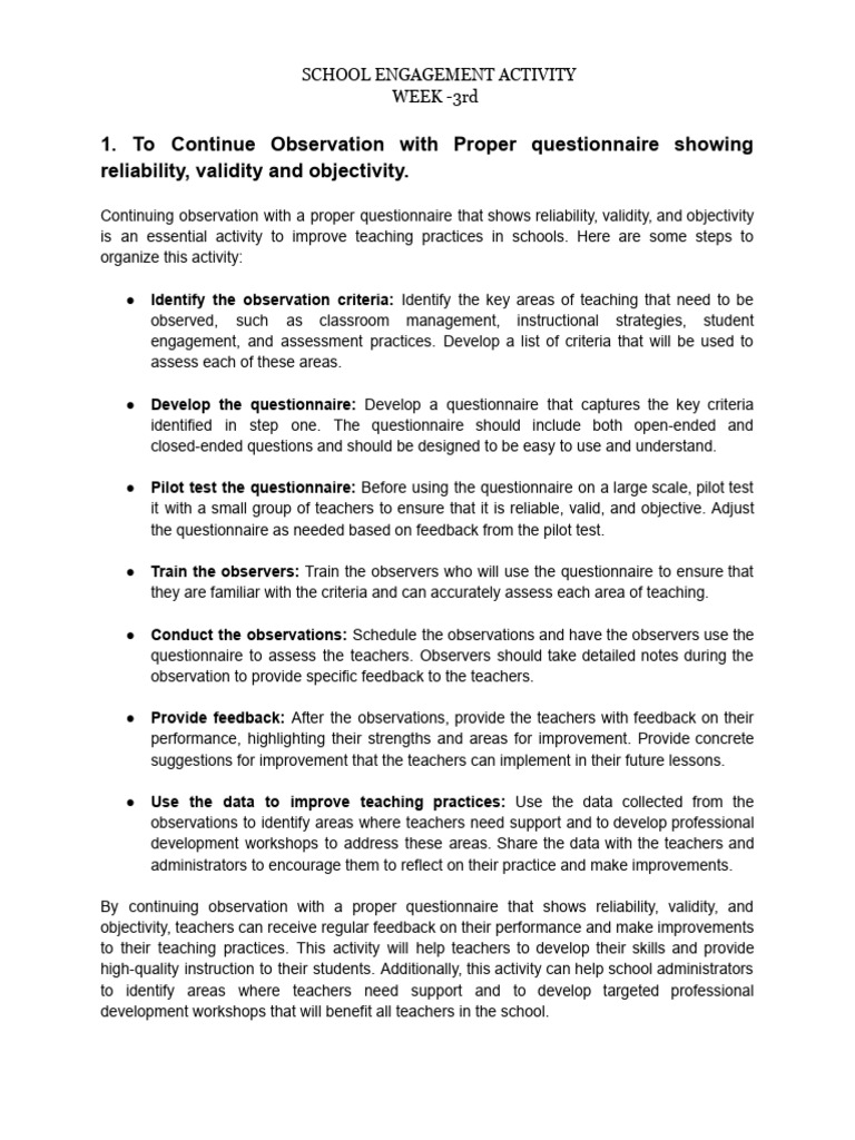 School Engagement Activities Overview | PDF | Lesson Plan | Questionnaire