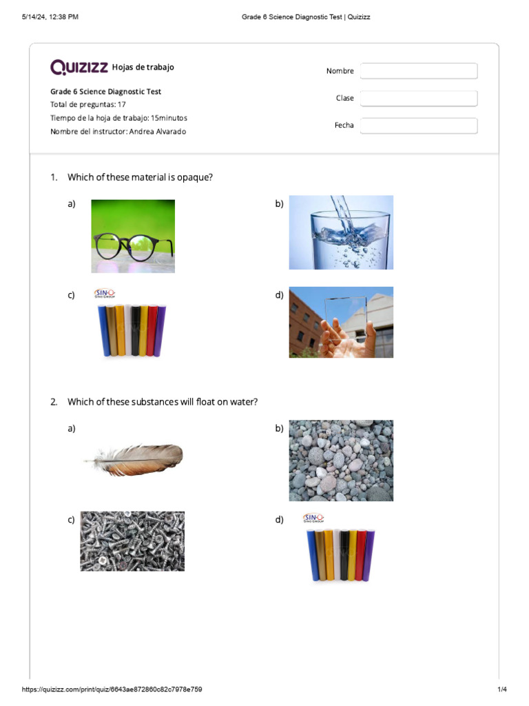 Grade 6 Science Diagnostic Test _ Quizizz | PDF | Liquids | Gases