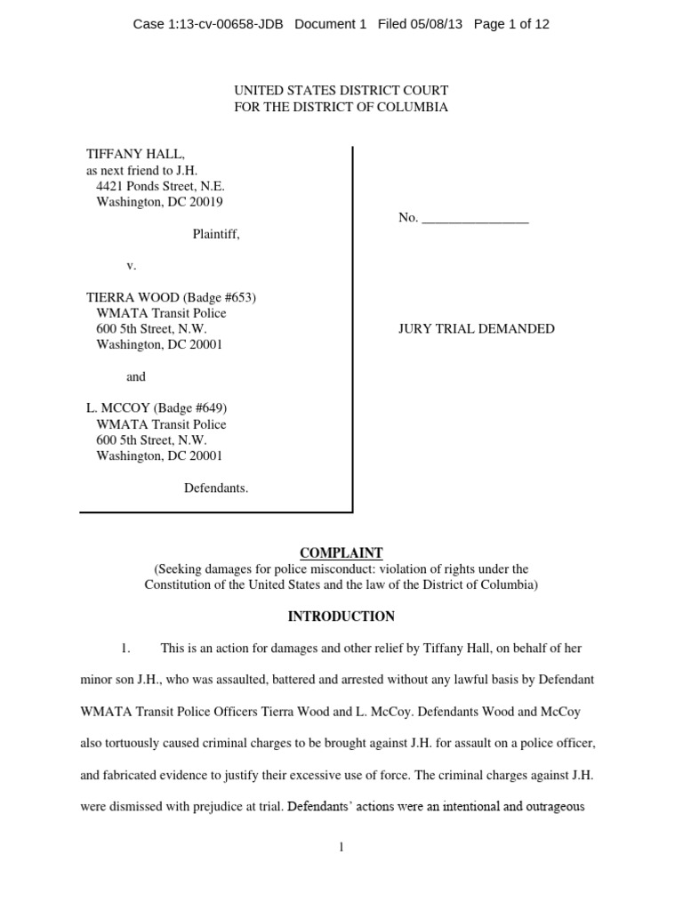 WMTA Transit Police ACLU Hhall.1.Complaint | PDF | Legal Remedy | Damages
