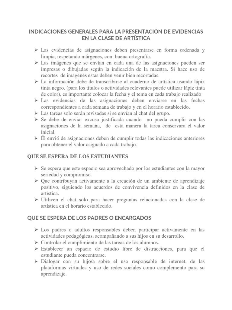 Indicaciones Generales para La Presentación de Evidencias en La Clase ... Indicaciones Generales para La Presentación de Evidencias en La Clase ...