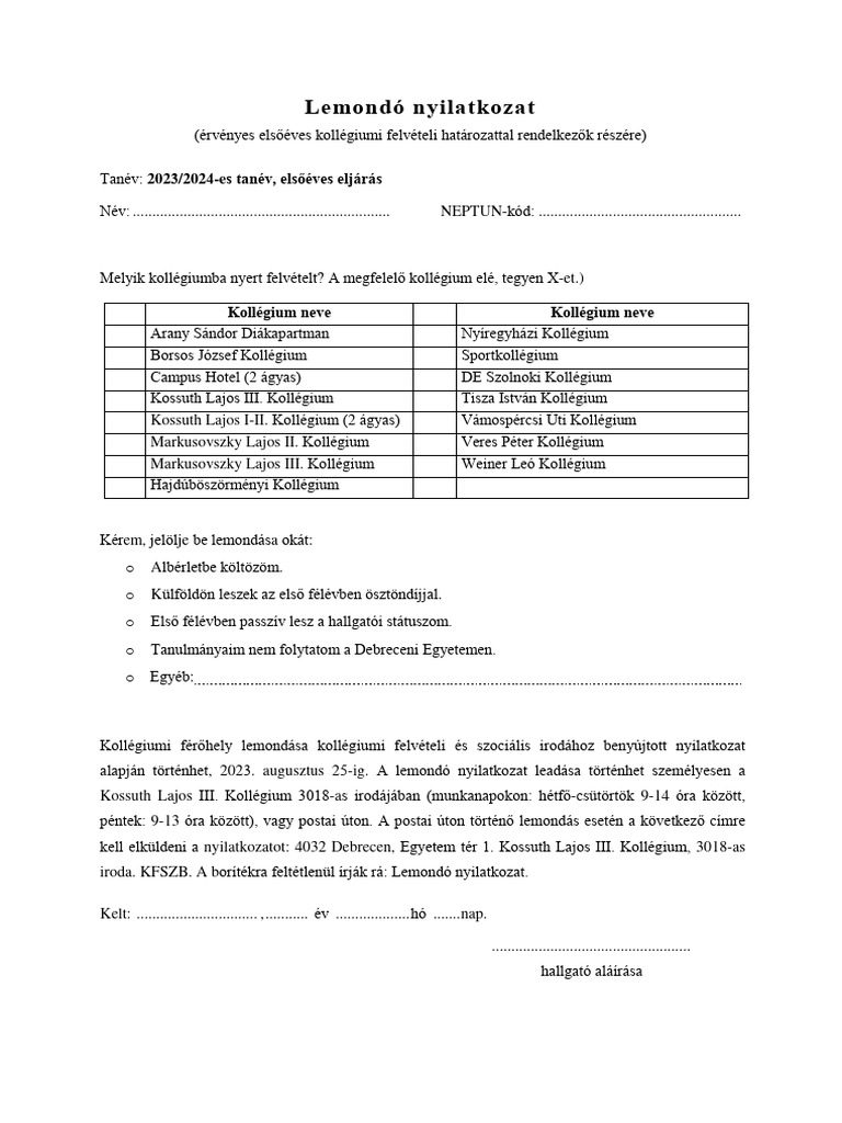 Lemondó Nyilatkozat: 3/2024-Es Tanév, Elsőéves Eljárás | PDF