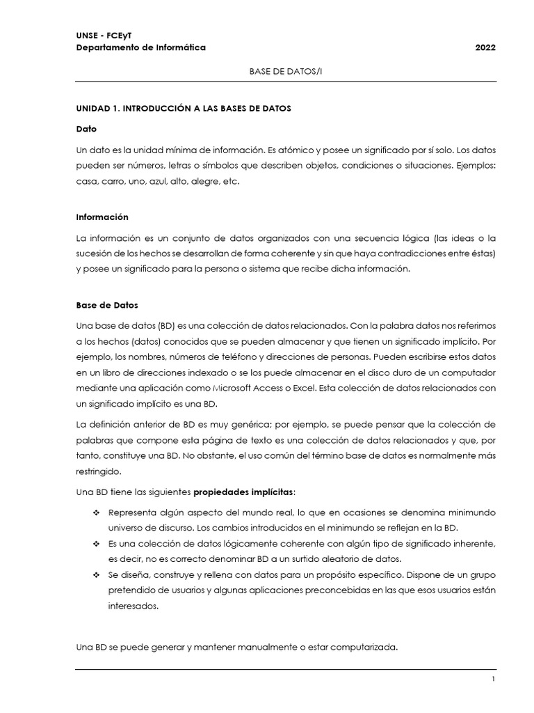 BD Apunte Unidad 1 Introduccion A Las Bases de Datos - 2022 | PDF | Bases de datos | Usuario ...