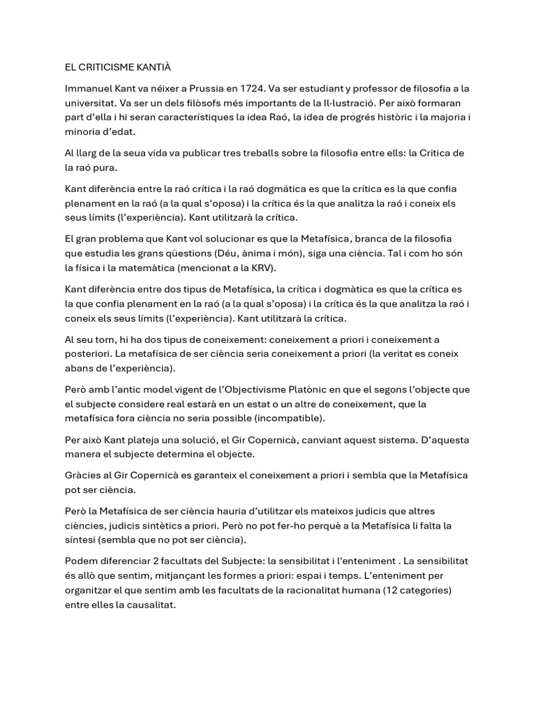La Filosofia Kantiana El Criticisme Kantià | PDF