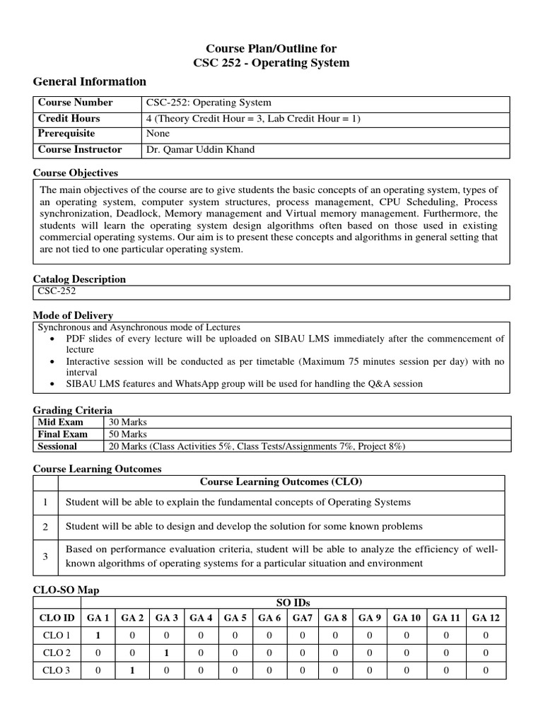 Course Plan S2024 CSC-252 Operating Systems (Initial Version) | PDF | Thread (Computing ...