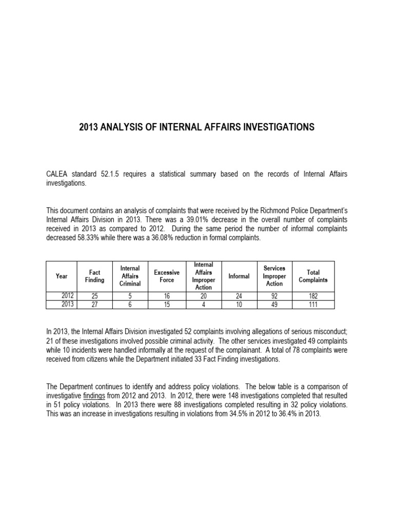 2013 Richmond Police Internal Affairs Report | PDF | Legal Action | Crime & Violence