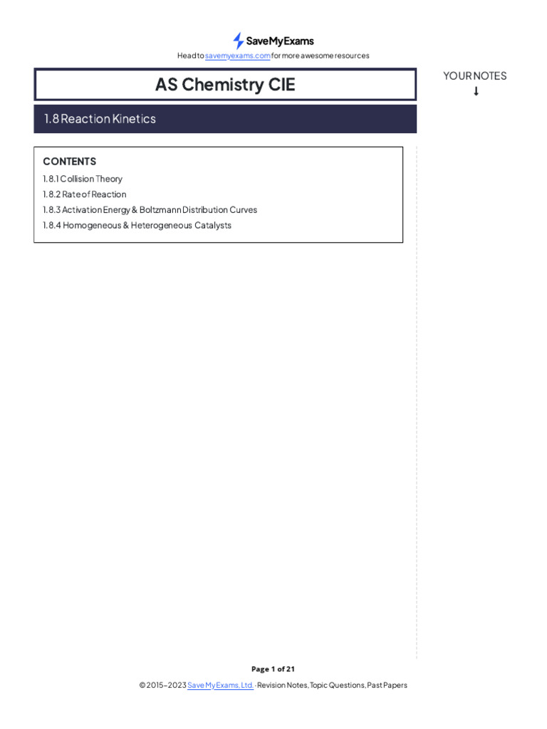 AS Chemistry CIE: 1.8 Reaction Kinetics | PDF | Reaction Rate | Catalysis