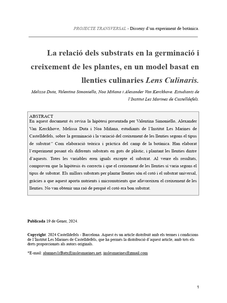 PROJECTE TRANSVERSAL - Disseny D'un Experiment de Botànica FINAL. | PDF