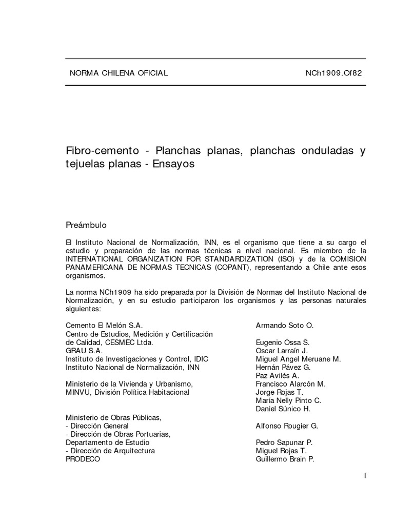 NCh1909-1982; Fibro-cemento - Planchas Planas, Planchas Onduladas y Tejuelas Planas - Ensayos ...