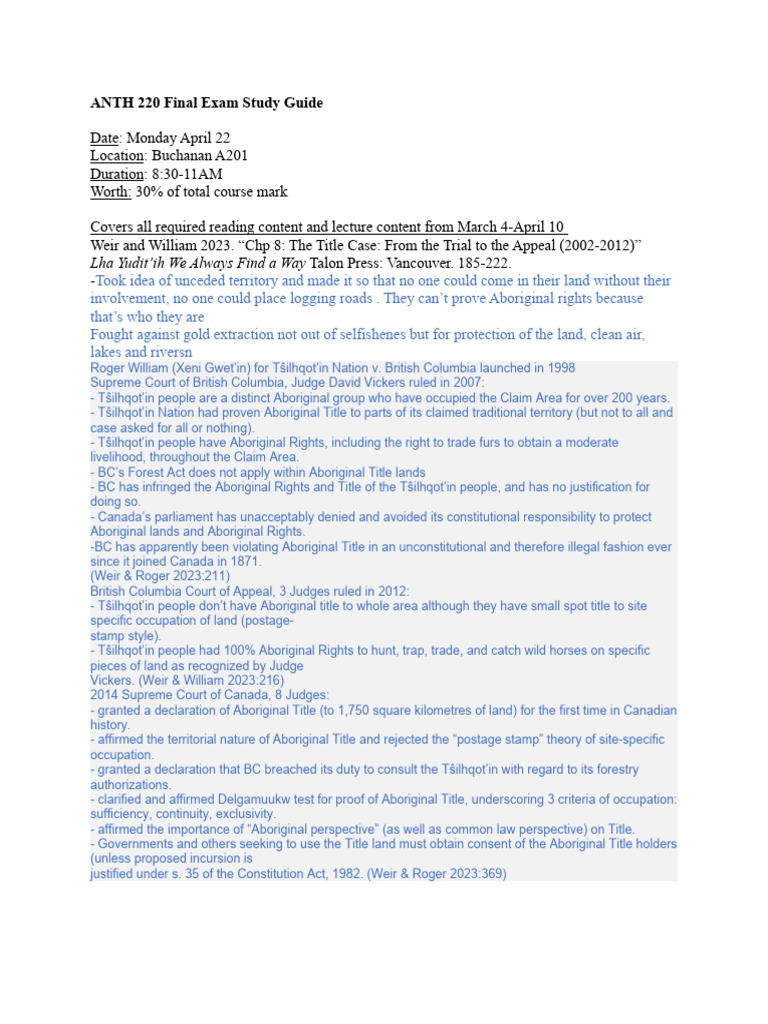 ANTH 220 Final Exam Study Guide-1 | PDF | Canada | Indigenous Peoples