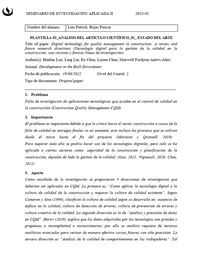 Lu01 - 2 - Plantilla #02 - TB2 - Analisis de Articulo Cientifico - 2023-01 | PDF | Ingeniería ...