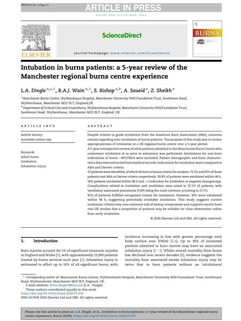 Intubation in Burns Patients. A 5-Year Review of The Manchester ...