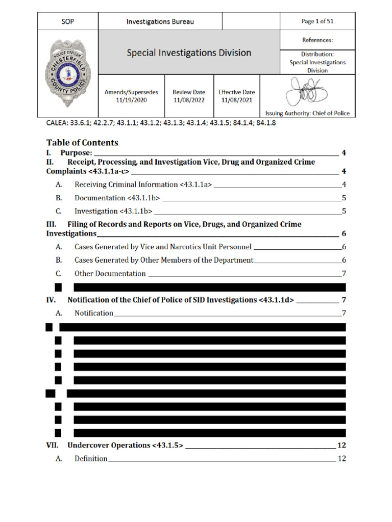 CPD Special Investigations Division SOP With Redactions | PDF | Asset Forfeiture | Detective