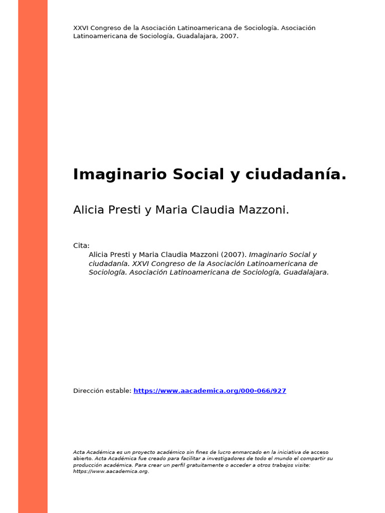 Alicia Presti y Maria Claudia Mazzoni (2007) - Imaginario Social y ...